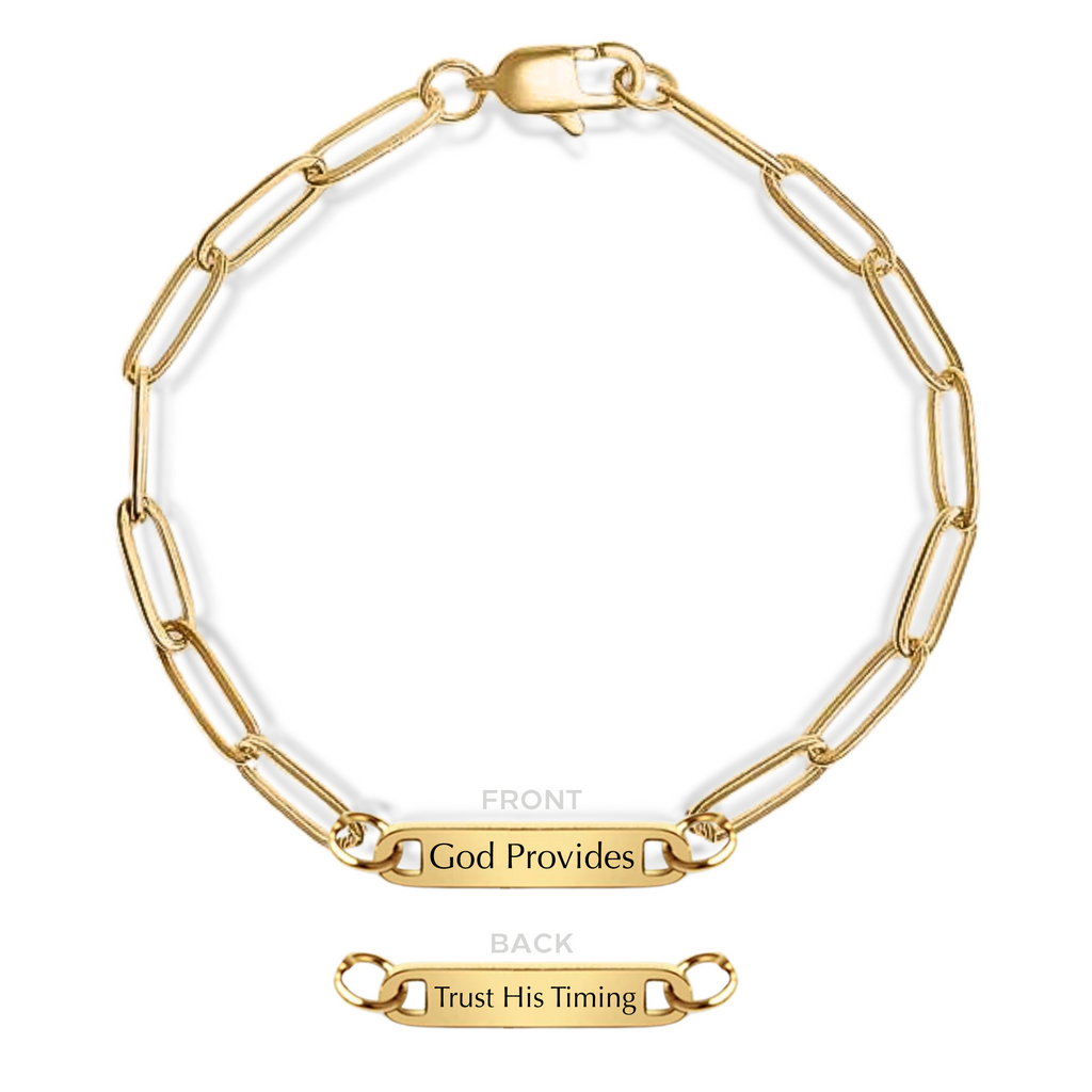 'God Provides, Trust His Timing' Engraved Paperclip Bracelet in Gold a – AMADI Jewelry